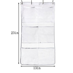 Mesh Shower Organizer Hanging, 6 Pockets Bath Shower Caddy Organizer Hanging Bathroom Shower Curtain Rod Accessories 4 Rings, Quick Dry
