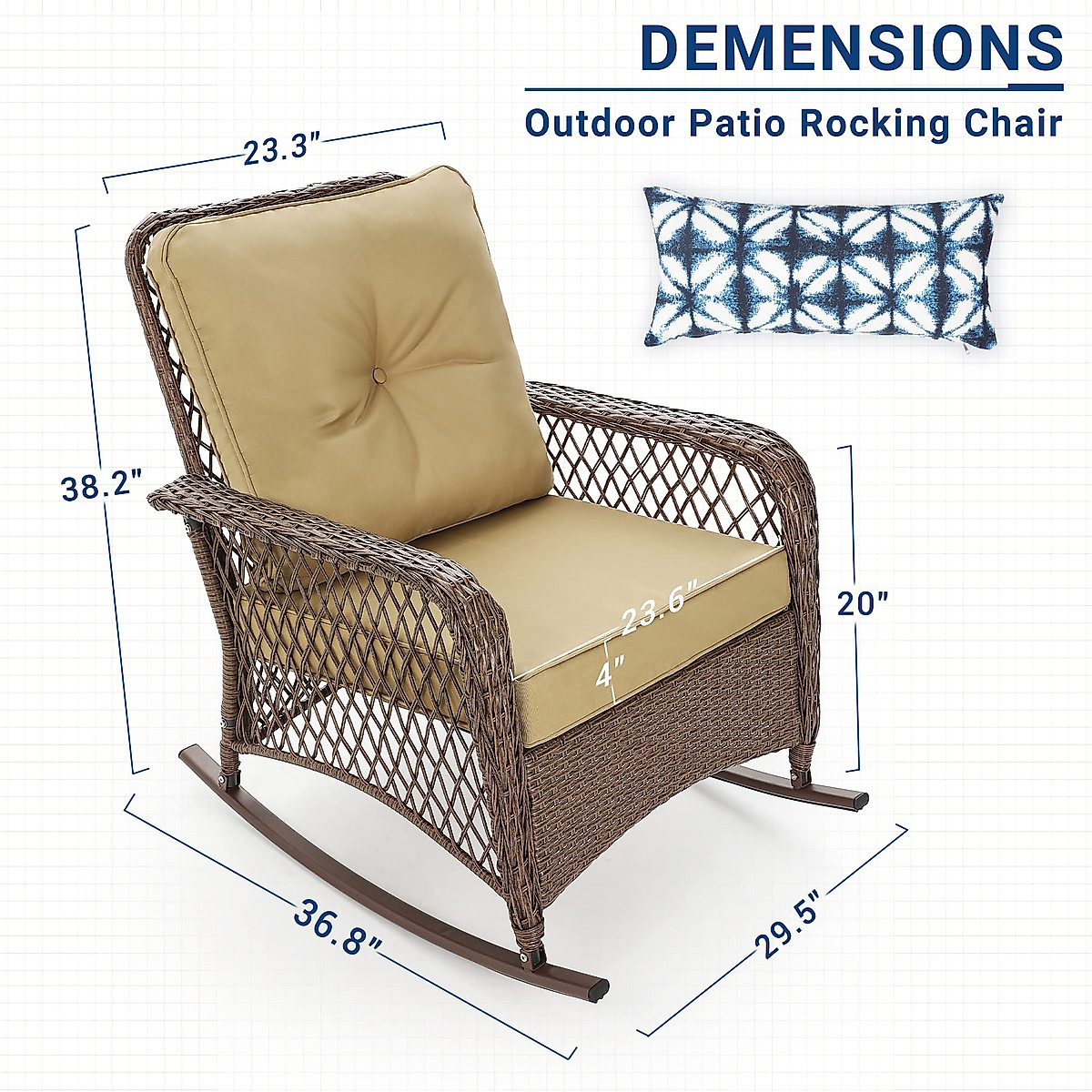 UDPATIO Outdoor Furniture 3 Piece Rocking Chairs Bistro Set, Wicker Patio Chairs with 4‘’ Thick Cushions, Comfortable High Back Porch Furniture with Table, Khaki