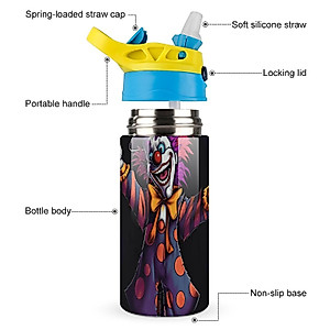 Stainless Steel Water Bottles Cute Cartoon Clown Travel Water Cups with Handle And Silicone Straw Drinking Cup with Leak Proof Lid Thermo Travel Mug for Women Men