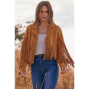 PRETTYGARDEN Women's Fringe Faux Suede Leather Jackets 2024 Fashion Tassel Motorcycle Cropped Coats (Brown Yellow,Large)