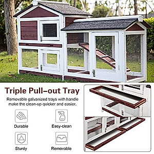 Kinpaw Rabbit Hutch 61inches Indoor Rabbit Cage Small Animal House for Chicken with Removable Trays Ramp Run Red
