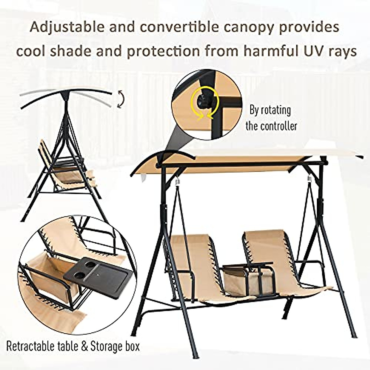 GXP Steel Outdoor Porch Swing Chair Patio Bench w/Storage Canopy, 2 Person Beige