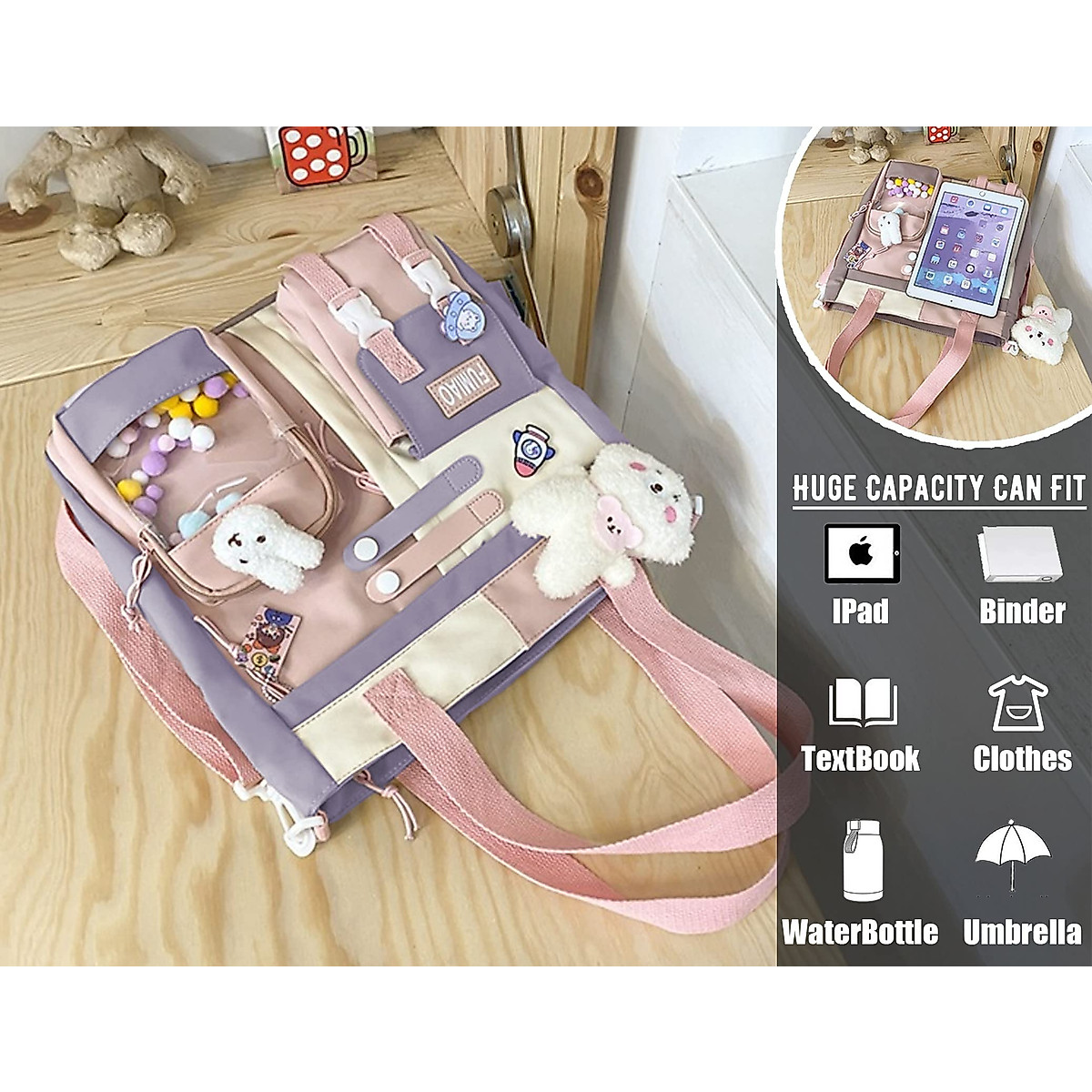 KOWVOWZ Kawaii Shoulder Tote Bag with Cute Pin Accessories Plush Rabbit & Bear Pendant Girl School Backpack Laptop Schoolbag Crossbody for Students (Purple)