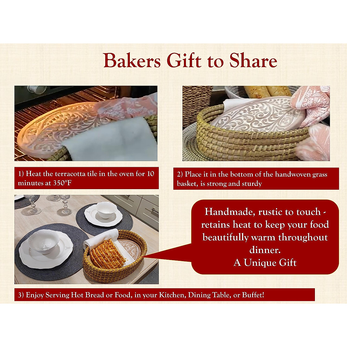 Bread Warmer Basket with Stone - Bread Basket for Serving Tortilla, Sourdough, Bakers Gift, Warming Terracotta, House New Home Gifts for Kitchen, Bread Maker Women, Men, Birthday, Hostess Farmhouse