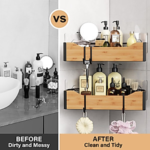 Thideewiz Corner Shower Caddy, 2 Pack Adhesive Shower Corner Organizer Shelves, No Drilling Stainless Steel Shower Storage Rack, Wood Grain Shower Organizer with 4 Hooks for Bathroom, Kitchen