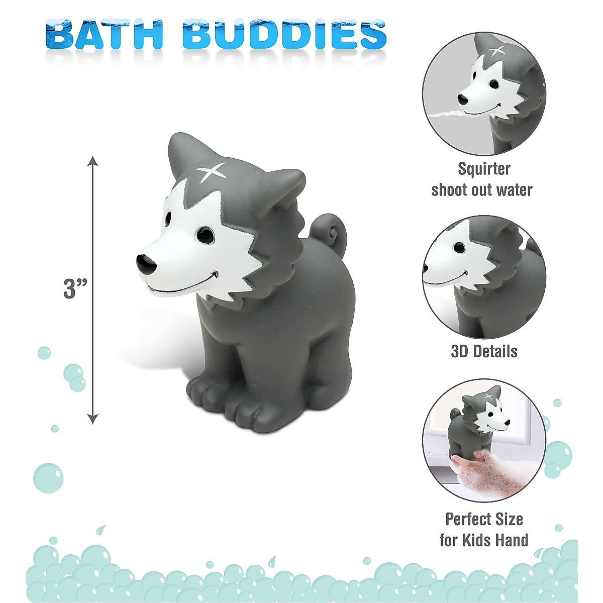 DolliBu Wolf Bath Buddy Squirter – Floating Wolf Rubber Bath Toy, Fun Water Squirting Bathtime Play For Toddlers, Cute and Soft Wild Life Animal Toy For The Bathtub, Beach, and Pool for Girls and Boys