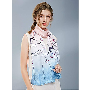 ANDANTINO 100% Mulberry Silk Long Scarf for Women Large Shawls for Headscarf and Neck- Oblong Hair Wraps with Gift Packed (Blue&Pink Branches)