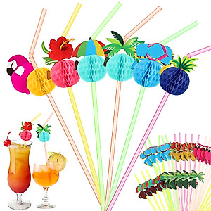 Weewooday 200 Pcs Hawaiian Drinking Straws for Luau Party Tropical Cocktail Disposable Straws Bendable Straws Flamingo Umbrella Straws for Hawaiian Pool Beach Flamingo Party Decorations