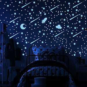 Glow in The Dark Stars for Ceiling, Outer Space Blue Wall Stickers,Galaxy Universe Wall Decal Shooting Stars Rockets,508 Pcs for Kids Boys Girls Bedroom Nursery Playroom Room Decoration