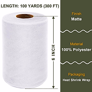 White Tulle Fabric Roll 6 Inch X 300 FT (100 Yards) Matte Tulle Ribbon Netting Mesh Spool for DIY Tutu Skirt Wedding Bow Gift Wrapping Baby Shower Christmas Party Halloween Decorations