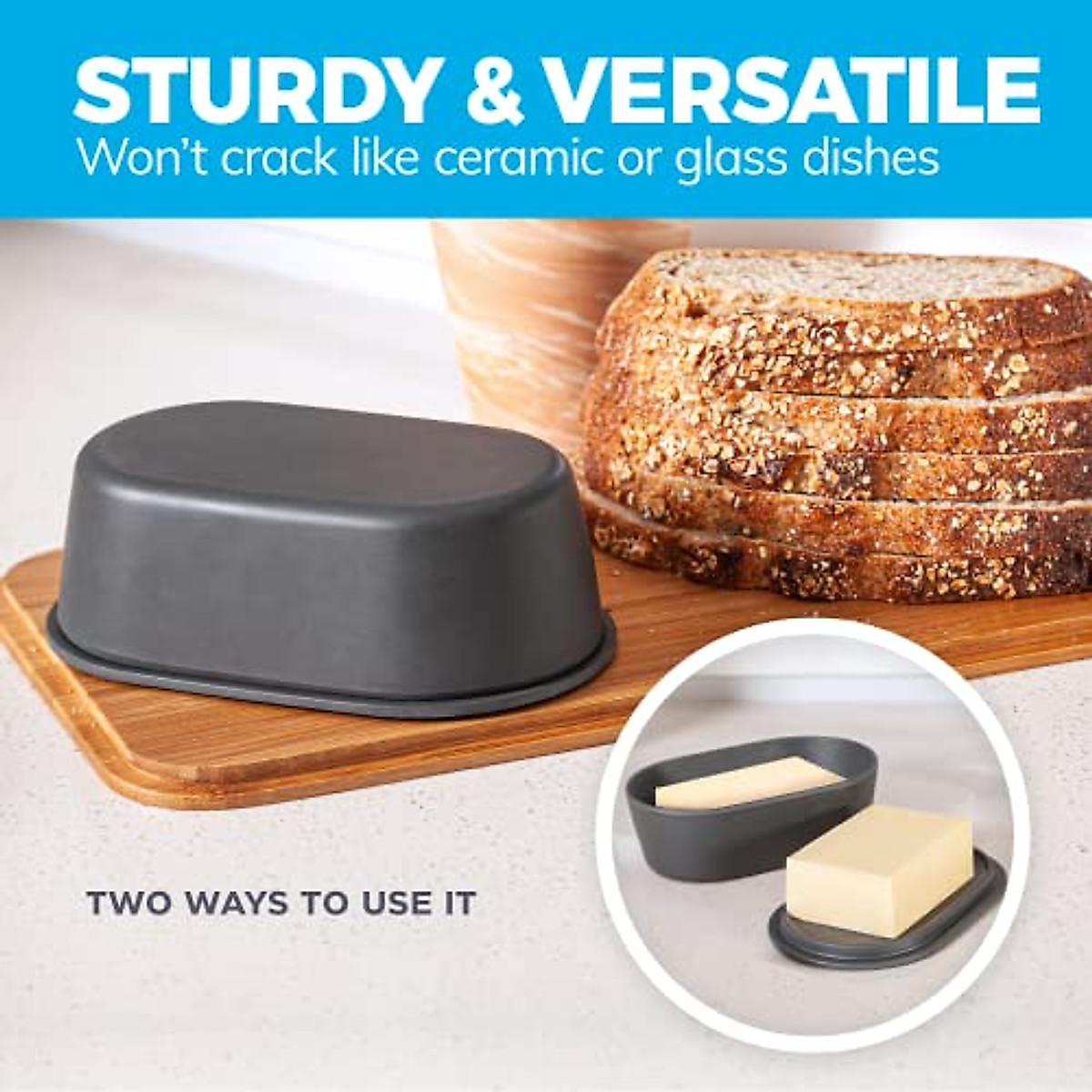 Grey Butter Dish with Lid For Countertop - Modern Bamboo Dark Grey Butter Crock - Dishwasher Safe Butter Keeper -Butter Holder Container Perfect For Large European Style Butter Such As Kerrygold