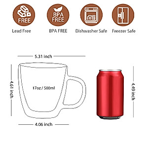 CNGLASS Large Double Wall Glass Coffee Mug 17 oz,Insulated Glass Coffee Cups with Handle,Set of 2