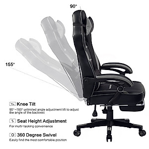LUCKRACER Gaming Chair with Footrest Office Desk Chair Ergonomic Gaming Chair Pu Leather High Back Adjustable Swivel Lumbar Support Racing Style E-Sports Gamer Chairs Gray
