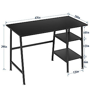 VECELO Home Office Computer Desk Writing Study Workstation with 2 Tier Storage Shelves on Left or Right, Industrial Simple Style Wood Table & Metal Frame, Black, 43 in x 20 in x 30