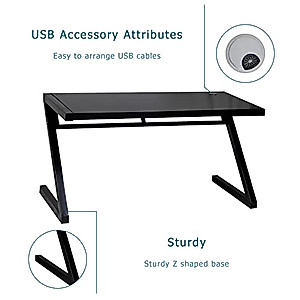 TY ARTS & CULTURE 55'' Z Shape Computer Desk Tempered Glass Table Modern Office Desk Gaming Desk Study Writing Desk Workstation for Home Office USB Accessory Attribute Multi Functional Black Desk