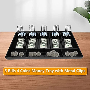 Money Tray Cash Register Drawer Insert Tray Portable Currency Till Replacement Money Organizer Storage Box with 5 Bills 4 Coins Compartments (5 Bills 4 Coins Metal Clip)