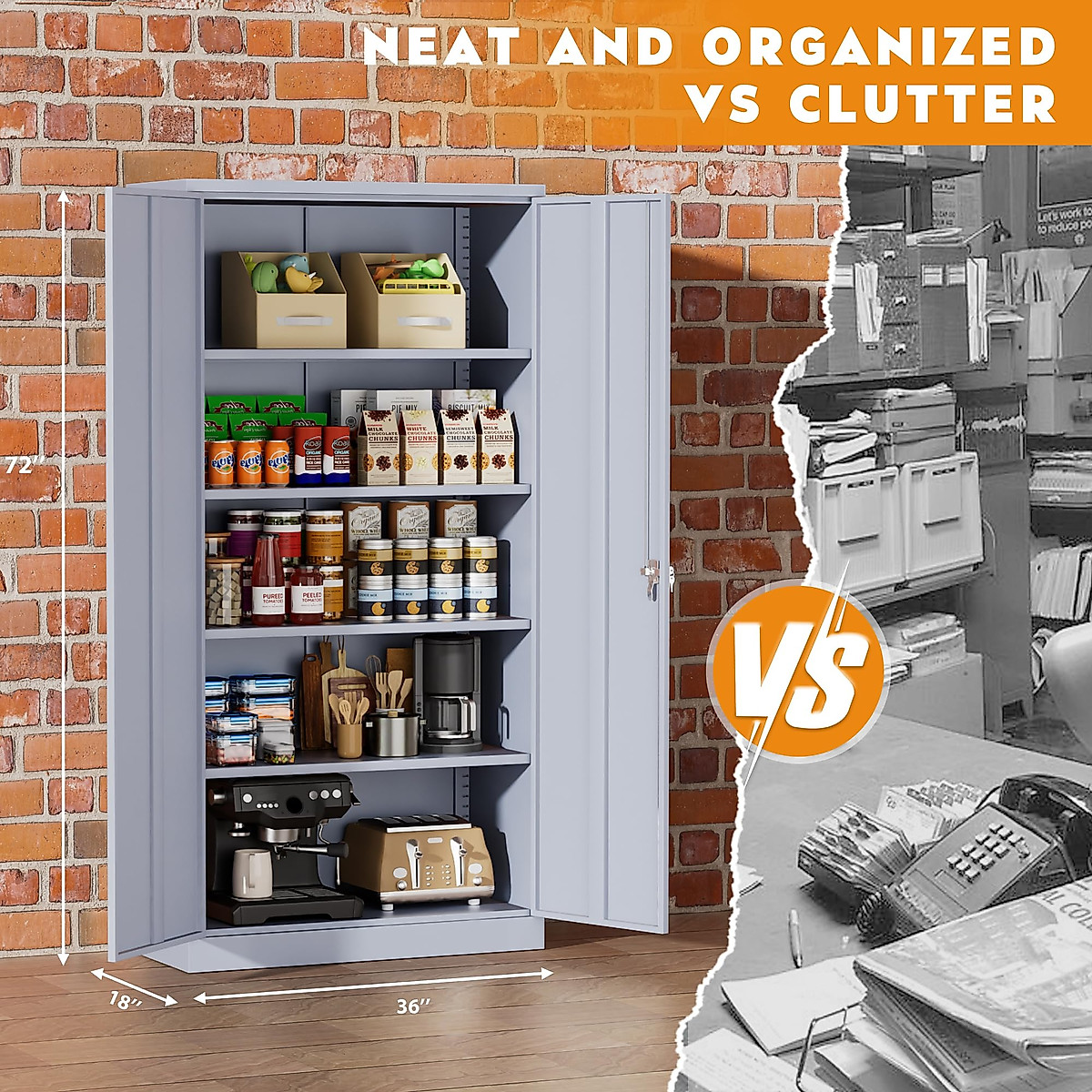 Greenvelly Metal Storage Cabinet, 72" Locking Tool Steel Garage Cabinet with Doors and Adjustable Shelves, Utility Metal Filing Cabinet with Lock for Home Office, Garage, School, Kitchen Dark Gray