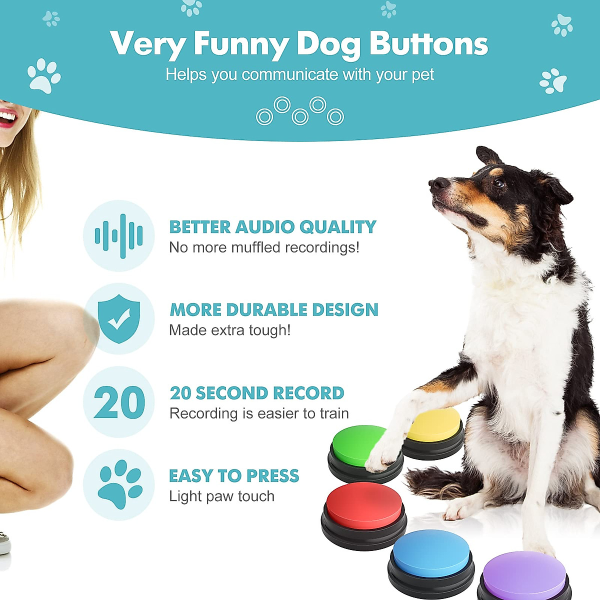 5 Pack-Dog Buttons for Communication Starter Pack,𝘿𝙤𝙜 𝘽𝙪𝙩𝙩𝙤𝙣𝙨 𝙏𝙖𝙡𝙠,Training Pet to Speaking Buttons,Speech Buttons with Words Voice Record Buttons,Push Buttons to Talk-Dog Gifts&Stuff