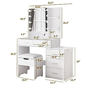 Maupvit Vanity Desk with Mirror and Lights, White Vanity with Bedside Table, 5 Drawers Large Capacity, Metal Silver Handle, Makeup Vanity with 10 Led Lights And Charging Station (White)