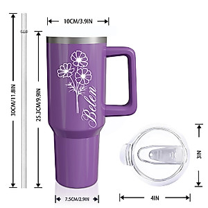 Personalized Gifts 40 Oz Tumbler with Handle and Straw Lid with Names and Birth Flower, Custom Stainless Steel Double Walled Vacuum Insulated Cup, Customized Photo Gifts for Women Men