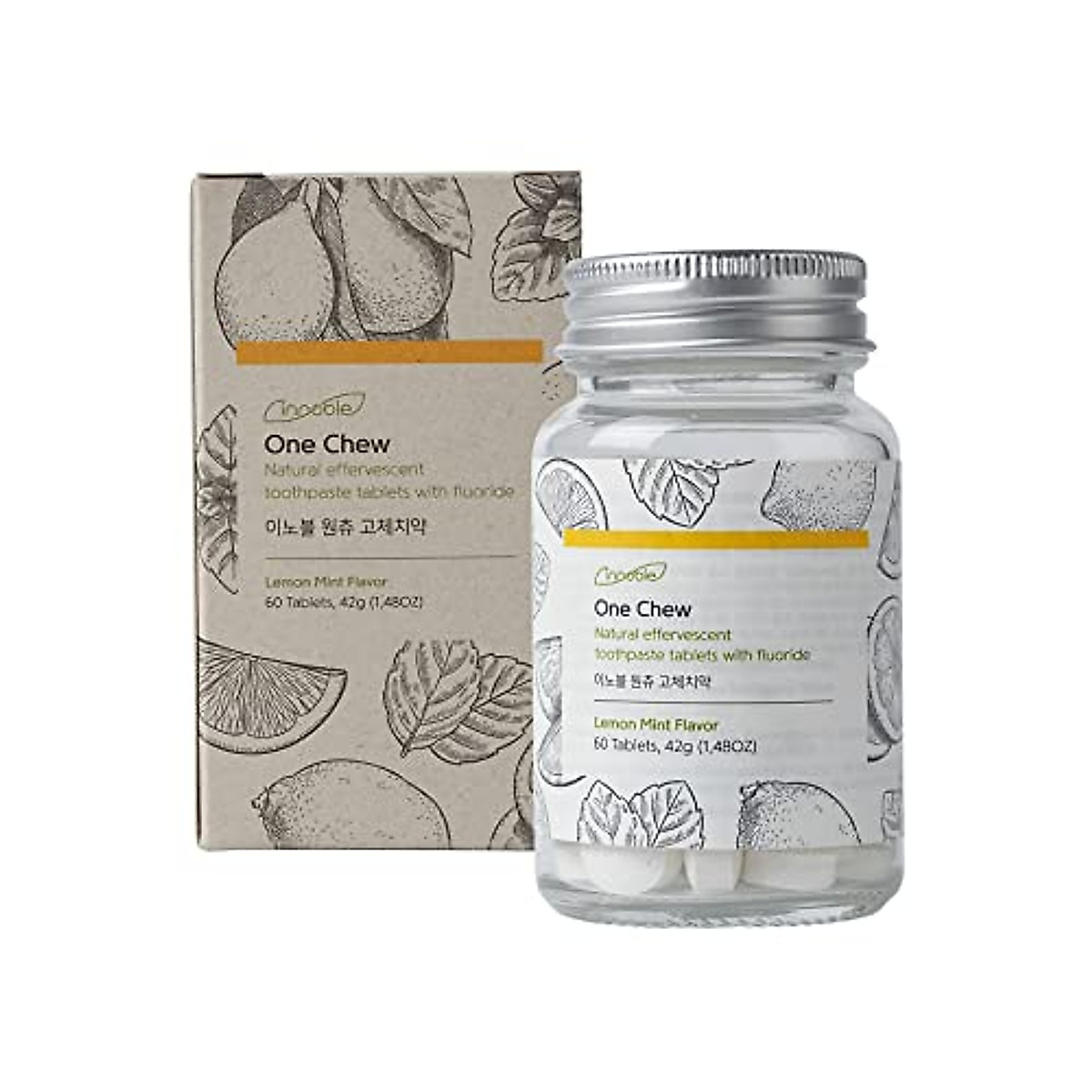 Innoble One Chew Toothpaste Tablets with Fluoride - Natural Effervescent Lemon Mint Flavor - Eco-Friendly Packaging, SLS Free, Plastic Free, Vegan (60 Tablets)