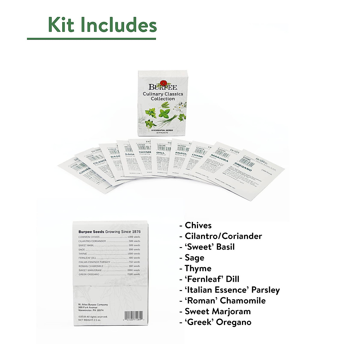 Burpee Culinary Classics Garden Collection 10 Packets of Non-GMO Chives, Cilantro, Basil, Sage, Thyme, Dill, Parsley, Chamomile, Marjoram & Oregano | Kitchen Herb Variety Pack, Seeds for Planting