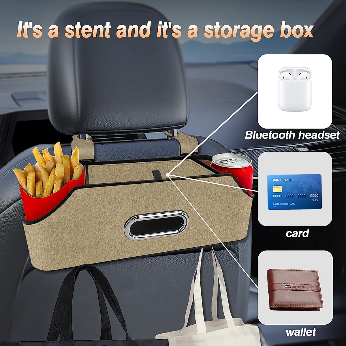 Car Headrest Backseat Organizer,Seat Back Organizer,Hook,Cup Holder,Tissue Box,Phone Holder,Storage Box,Multifunctional Storage for Car Travel Accessories(Off White)