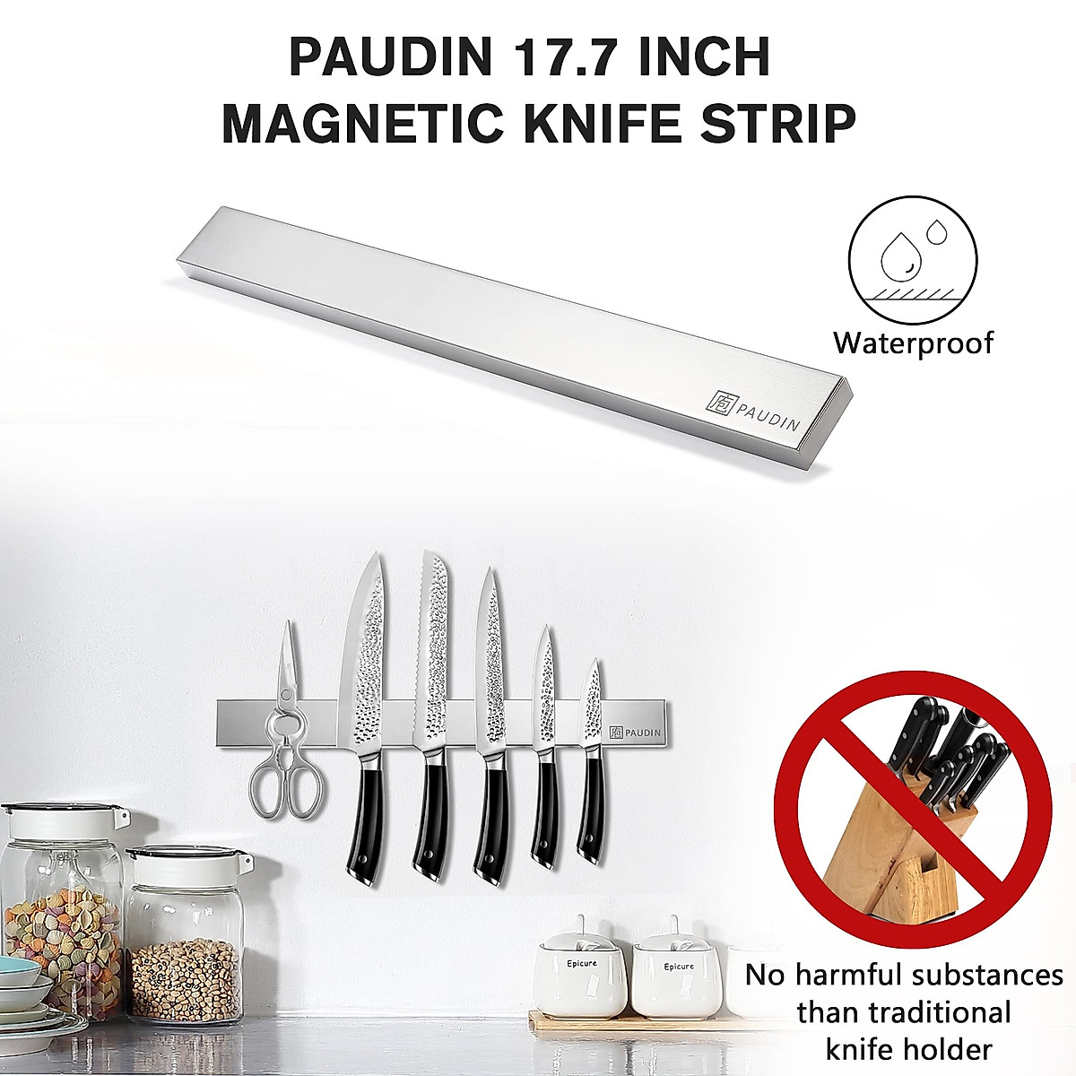 Paudin 17.7 Inch Stainless Steel Magnetic Knife Bar-Use as Knife Holder for Wall, Knife Rack, Knife Strip, Kitchen Utensil Holder and Tool Holder/Storage