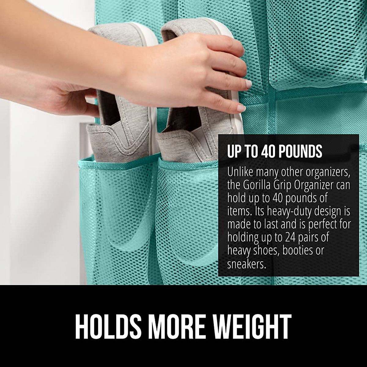 Gorilla Grip Slip Resistant Breathable Space Saving Mesh Large 24 Pocket Shoe Organizer, Up to 40 Pounds, Over the Door, Sturdy Closet Storage Rack Hangs on Closets for Shoes, Sneakers, Turquoise