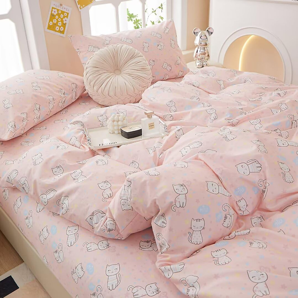 MKXI Queen Size Pink Floral Duvet Cover Cute Cats Duvet Cover for Girls White Cat Pattern Kids Bedding Set Pink Cartoon Comforter Cover for Children