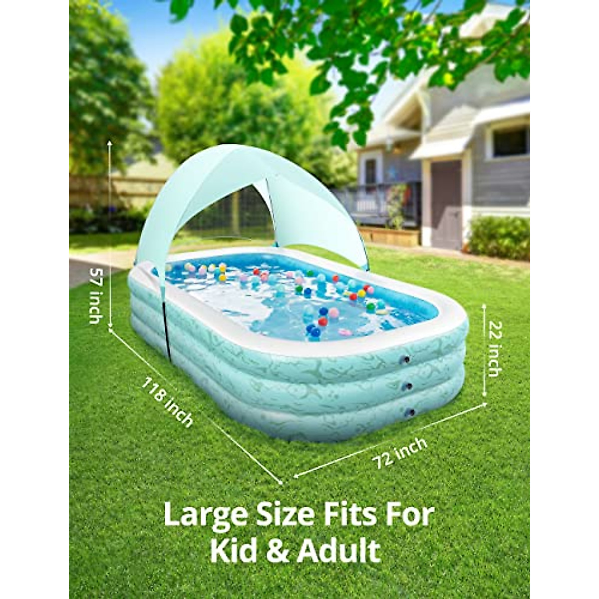 Inflatable Swimming Pool, 118" x72" x22" Family Blow up Swim Pools with ...