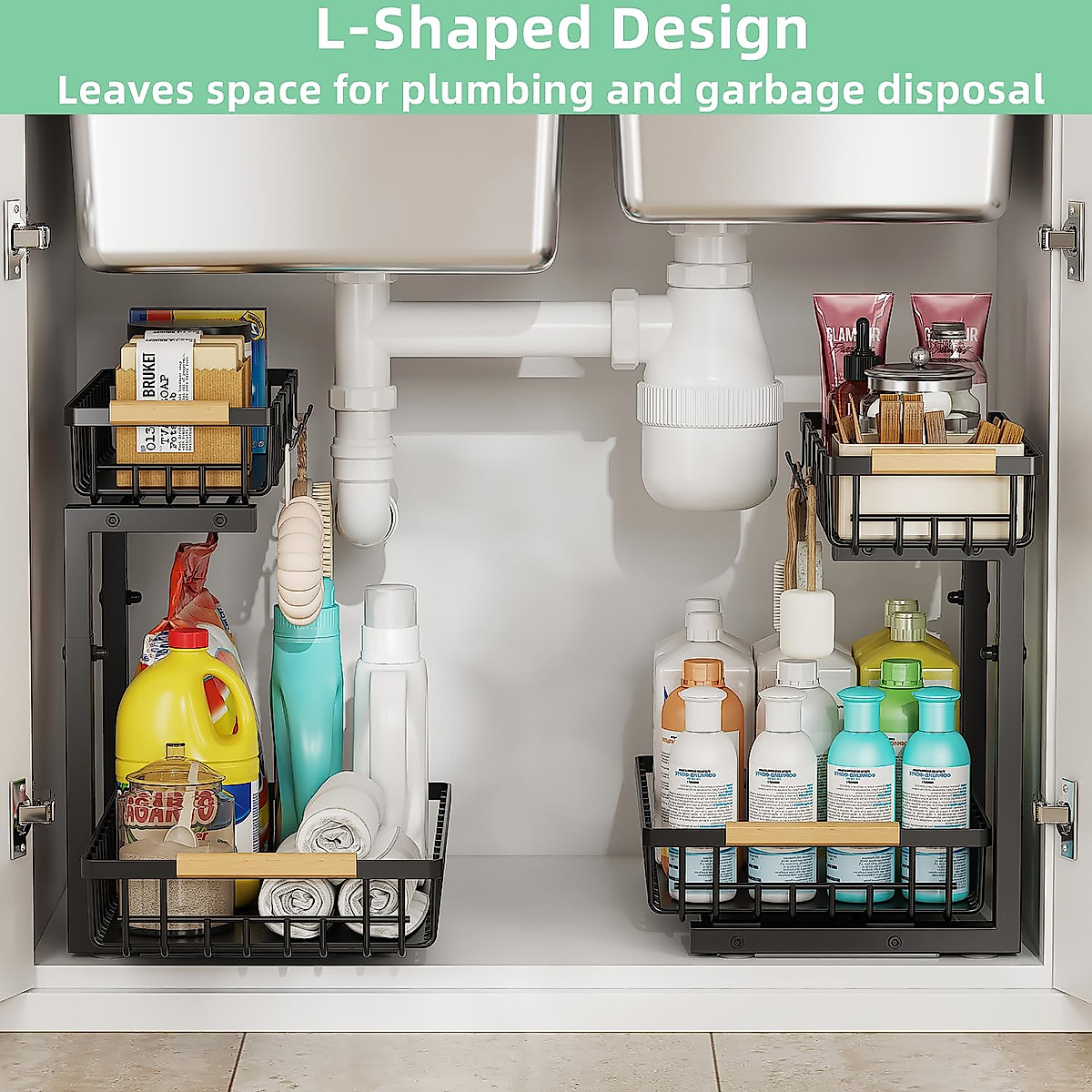 2 Pack Under Sink Organizer, Height Adjustable Pull out Cabinet Organizer, 2 Tier Metal Under Sink Organizer Storage, Sliding Storage Drawer for Kitchen Bathroom Laundry Room Pantry.