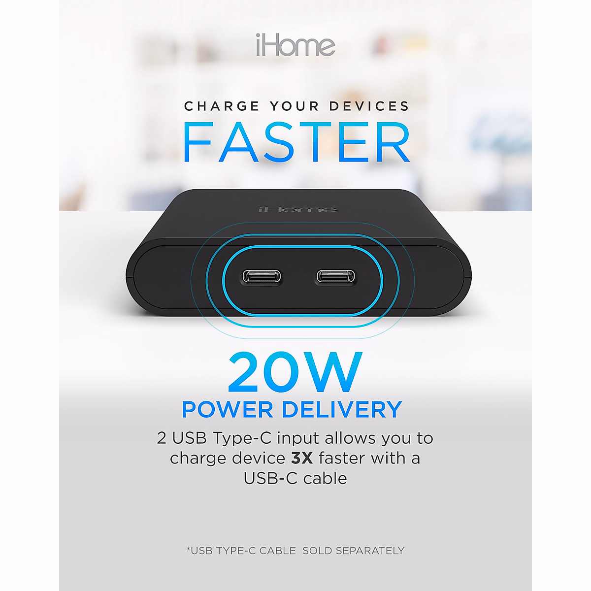 iHome Multiport USB-C Charger : AC Pro 2-Port Flat USB C Charger Block, Double USB C Wall Charger, Fast Charging Compatible USB-C Wall Charger (Black)