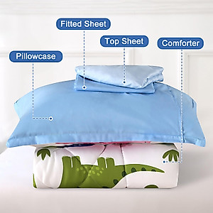 Wowelife Dinosaur Toddler Bedding Sets for Boys 4 Pieces Dinosaur Toddler Bed Set White Toddler Comforter Set with Comforter, Flat Sheet, Fitted Sheet and Pillowcase