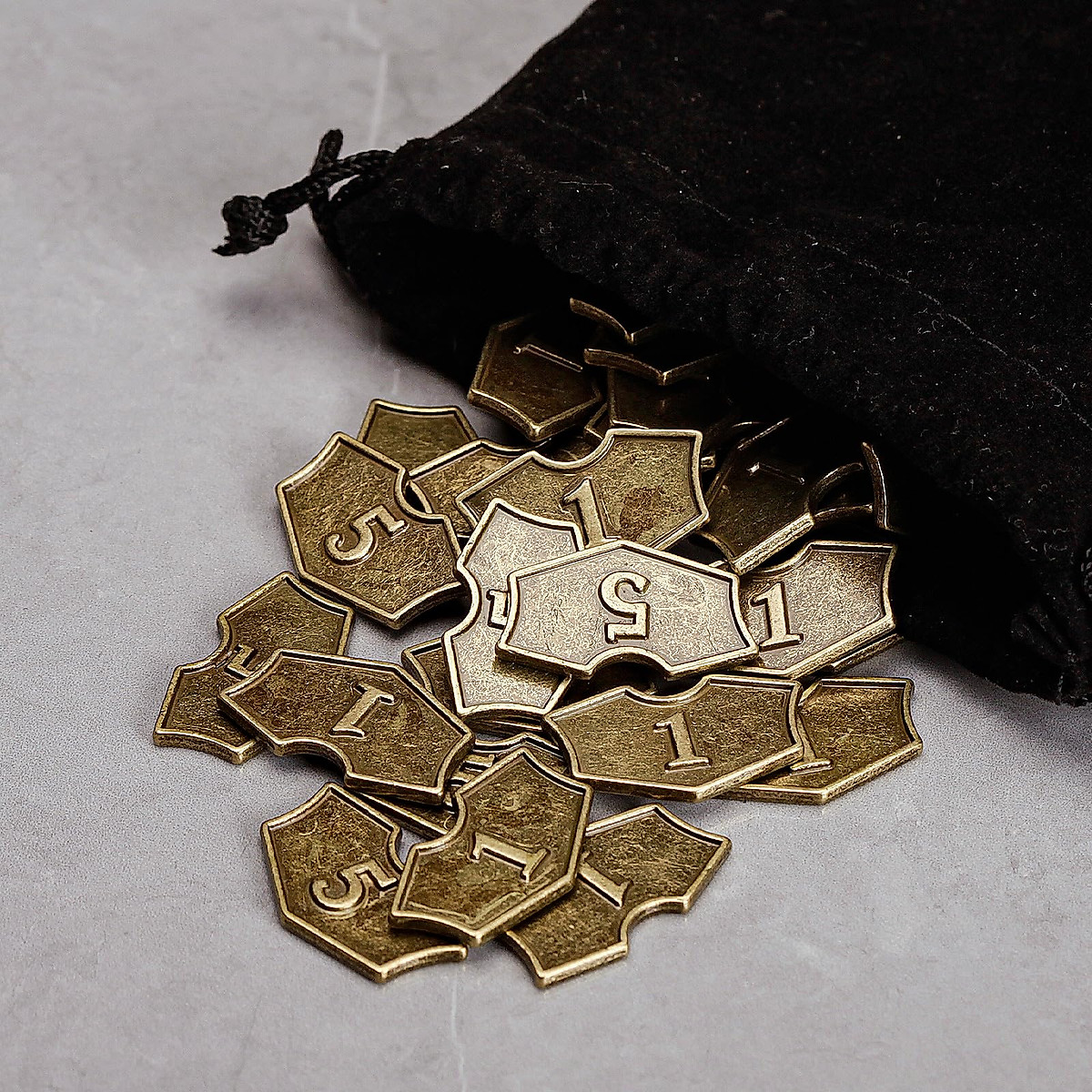 50 Pieces Magic Gathering Counters Tokens Antique Gold Metal Tokens Counters Creature Stats or Loyalty Counters Double Sided Compatible with MTG and CCG Card Gaming Accessories with Velvet Drawstring