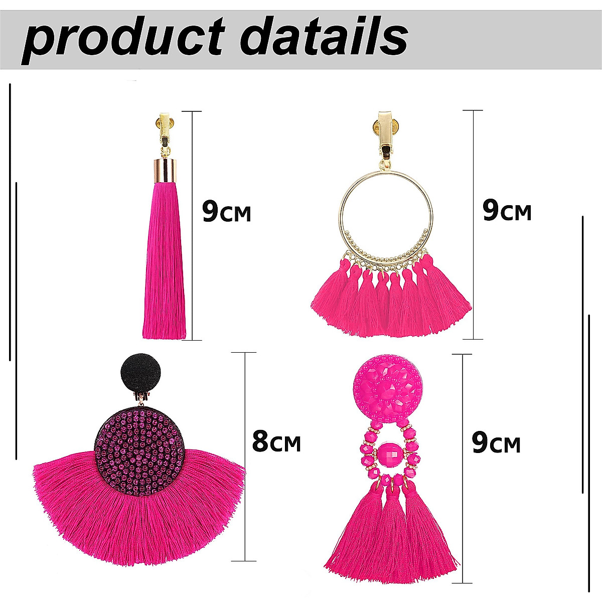 Udalyn 4 Pairs Tassel Earrings for Women Dangle Clip On Earrings Colorful Bohemian Tassel Earrings Statement Earrings Handmade Jewelry Non Piercing Earrings for Sensitive Ears