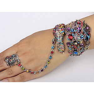 YACQ Women's Hinged Big Peacock Bracelet Slave Stretch Ring Set - Fit Wrist Size 6-1/2 to 7-1/2 Inch & Finger 7 to 9 - Lead Nickle Free - Halloween Costome Outfit (Multicolor)