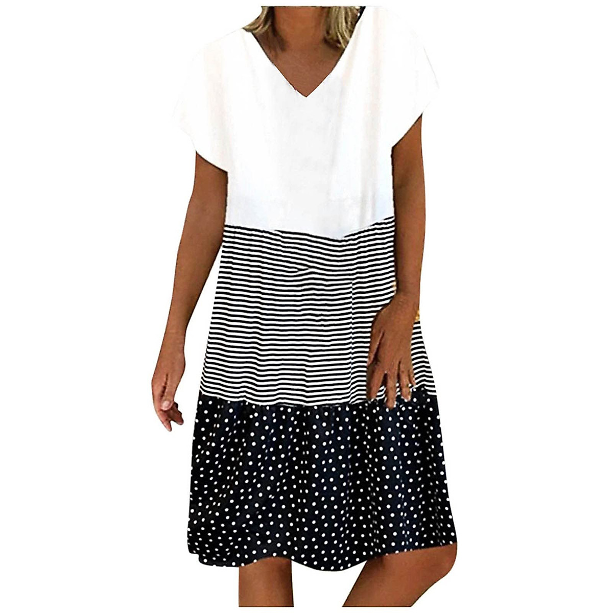 LFEOOST Dresses for Women 2023 Wedding Guest Summer V Neck Short Sleeve Belted Ruffle Hem A-Line Polka Dot Boho Maxi Dress