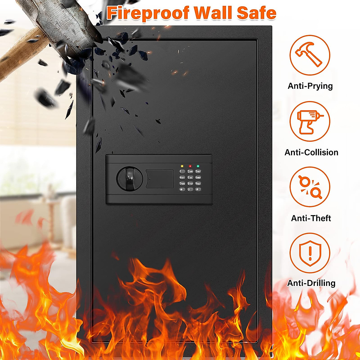 25.6" Tall Fireproof Wall Safes Between the Studs 16" Centers, Hidden Wall Safe with 2 Removable Shelf & Hidden Tray, Heavy Duty Wall Mount Safe for Firearms, Money, Jewelry, Passport Black