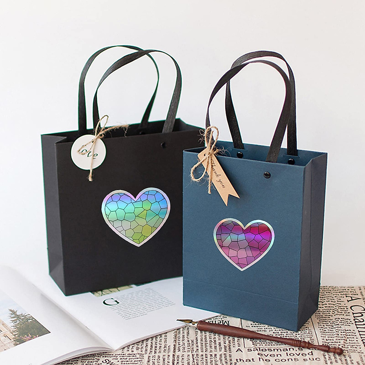 Mercei Heart Stickers with Stained Glass Background and Silver Holographic Frame, 1.5 inch Small Heart Shaped Adhensive Sticker Labels in a Roll, Decorative or Seal in Business and Personal Package