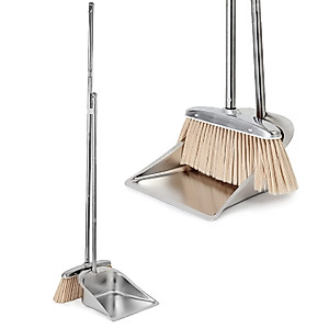 VOOWO Broom and Dustpan Set for Home, Stainless Steel Broom and Dustpan Set with Long Handle, Heavy Duty Dustpan Broom Set Standing Dust Pan Kitchen and Home Indoor Outdoor Broom