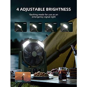 D-cell Battery Operated Camping Fan,8.5 Inch, Quiet USB Desk Fan with 4 Levels LED Lantern, SOS Light, Portable Outdoor Table Fans with Timer, 180°Rotation,Stepless Control, Handle, for Hurricane