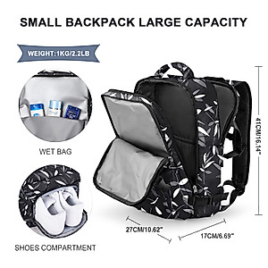 Large Travel Women Carry On Backpack,Hiking, Waterproof Outdoor Sports Rucksack Casual Daypack Fit 14 Inch Laptop with USB Charging Port Shoes Compartment, Leaves Black