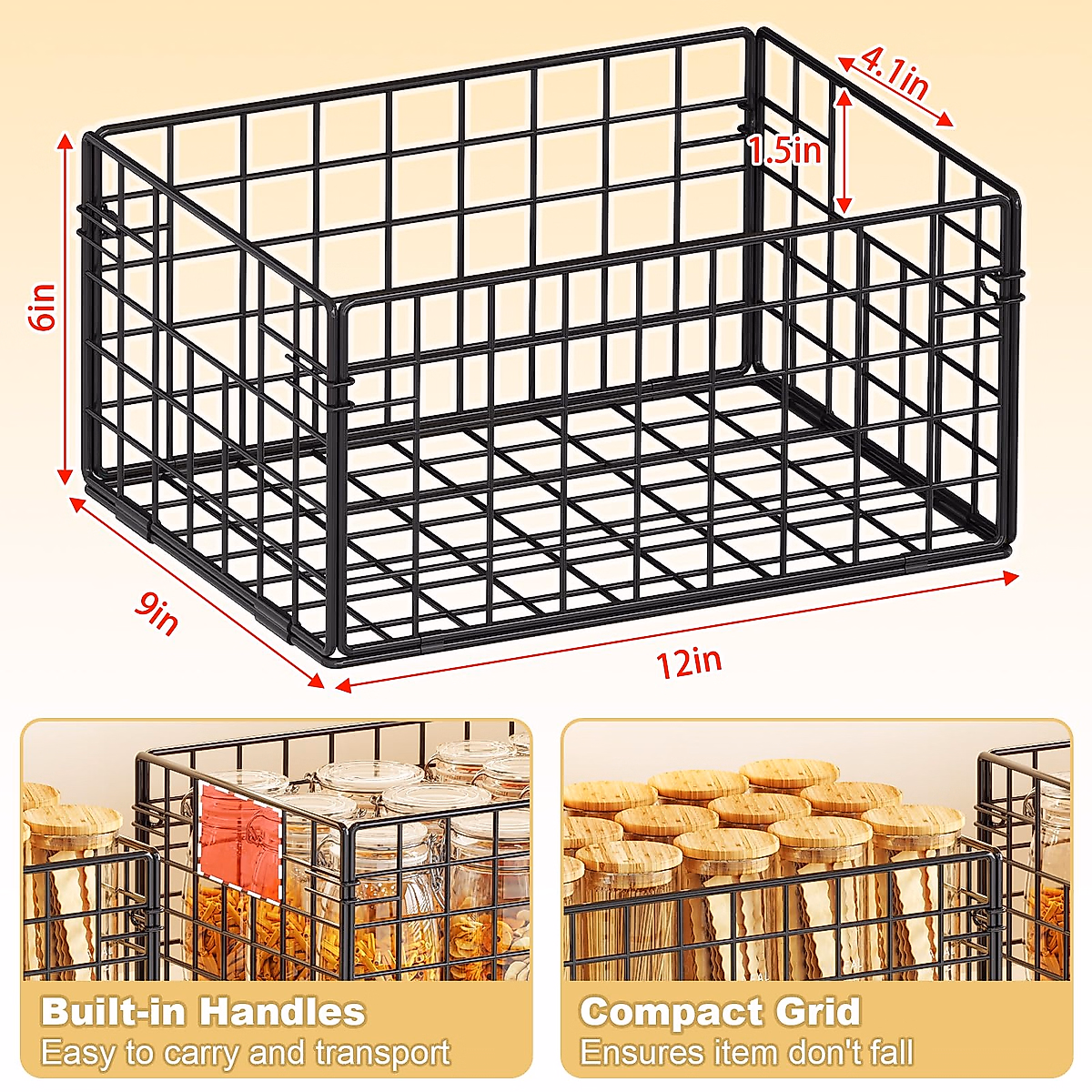 X-cosrack Foldable Cabinet Wall Mount Metal Wire Basket Organizer Pantry Basket with Handles - 4 Pack -12" x 9" X 6", Food Storage Mesh Bin for Kitchen Bathroom Laundry Closet Garage Patent Design