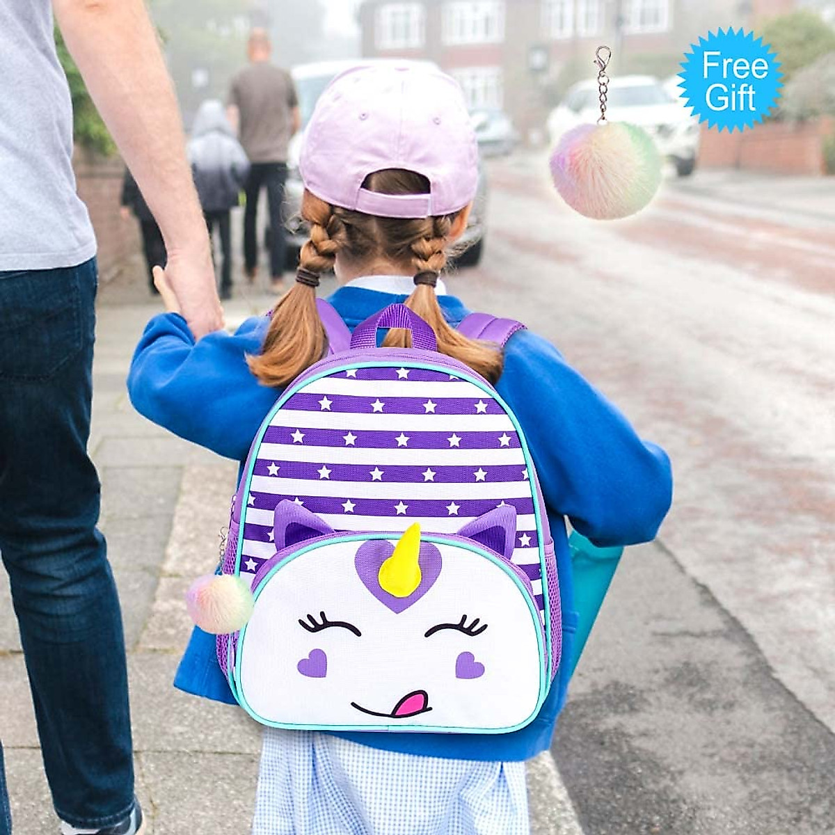 FTJCF 3PCS Toddler Backpack for Girls, 12" Unicorn Kindergarten Bookbag, Preschool Kids School Bag with Lunch Box - Purple