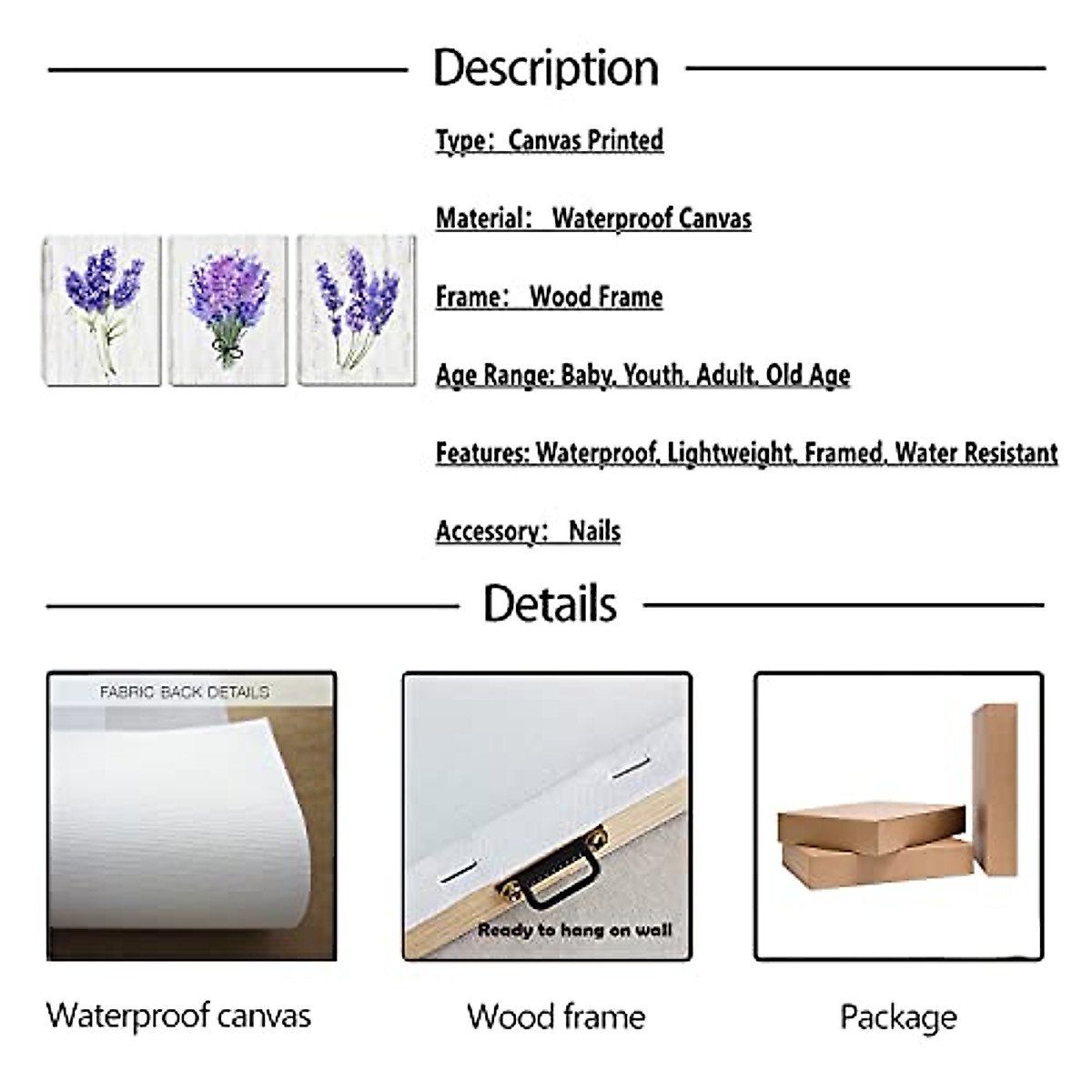 gold mi Flowers Home Decorations Purple Lavender Flower Artwork for Living Room Office Bathroom Wall Decor Floral Grey Wood Grain Rustic Posters and Prints Frame to Hang 12*16inch