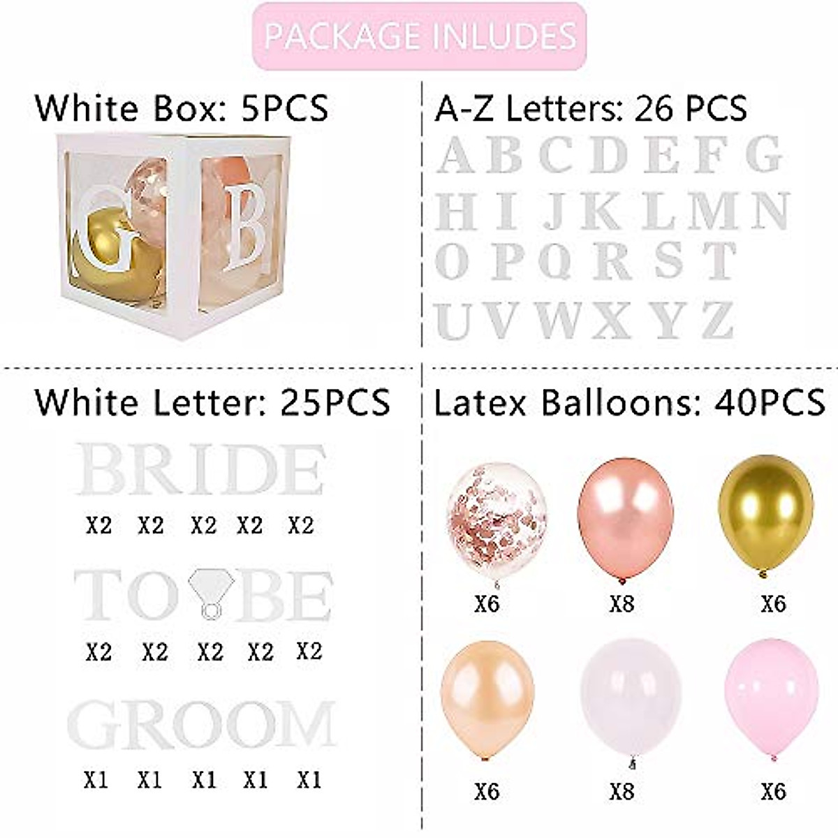 96 PC Bridal Shower Decorations Balloon Boxes White- Transparent Block with BRIDE TO BE + GROOM + A - Z Letters and 40 Balloons- Engagement Bachelorette Parties Weddings Centerpieces Photo Booth Props