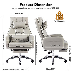 High Back Office Chair -500 LBS Big and Tall Executive Office Chair, Ergonomic Computer Desk Office Chair, Adjustable Lumbar Support, Heavy Duty Metal Base, Armrest Side with 4 Storage Bags,Light Grey