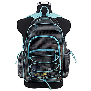 Eastsport XL Semi-Transparent Mesh Backpack with Comfort Padded Straps and Adjustable Bungee for Work, Sports, Beach, College and Security - Grey w/Blue
