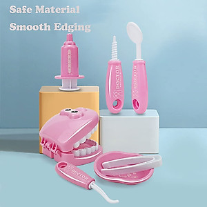 9PCS Plastic Simulation Dentist Play Set Medical Kit Pretend Toy for Kids Hygienic Habbit Cultivation Role Play Game for Children 6 Colors (Purple/Pink/Yellow/Green) Simple OPP Bag Packaging (Pink)